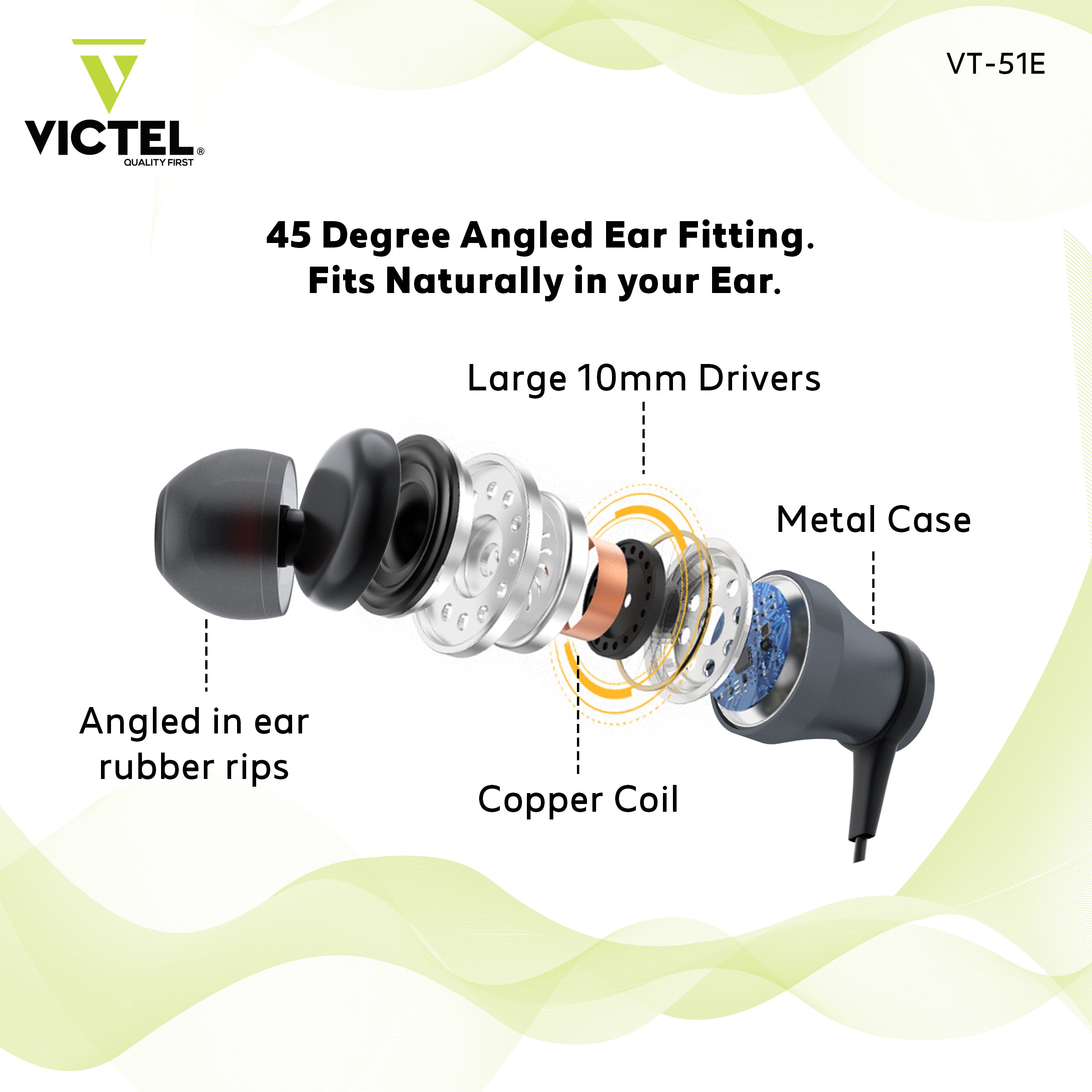 VICTEL - Wired Earphones with 10 mm Copper Coil Speaker